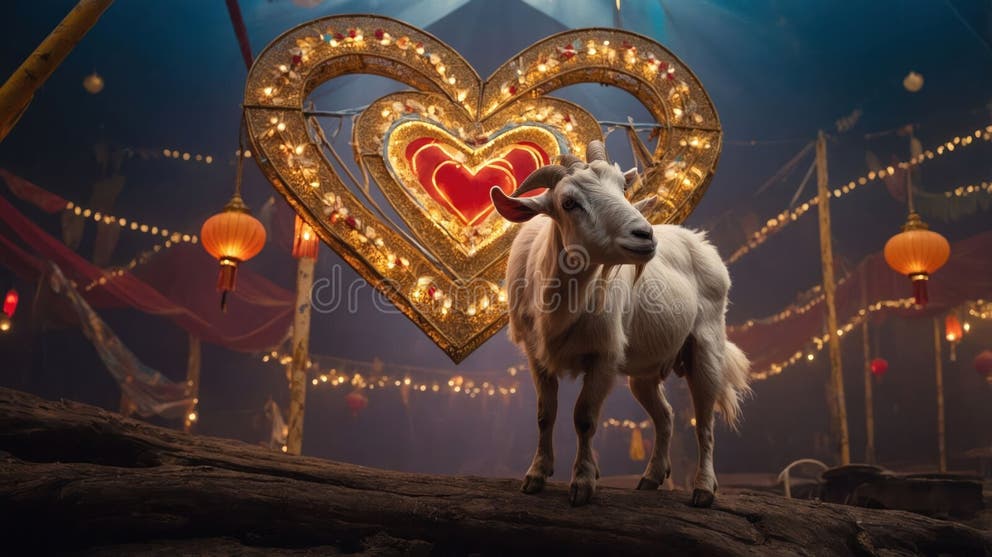 Charming Goat Posing before Illuminated Heart at Festive Fair Stock ...