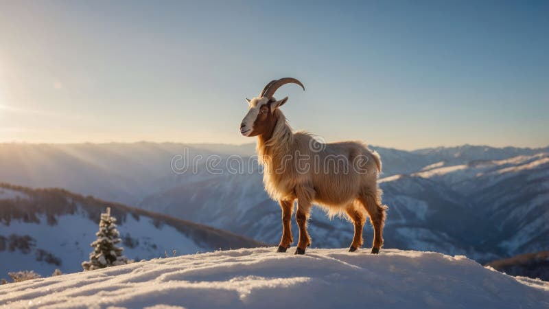 Majestic Goat on Snowy Mountain Peak at Sunset Stock Illustration ...
