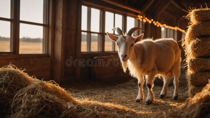 A Majestic Goat in a Rustic Barn, Bathed in Golden Sunlight Stock ...