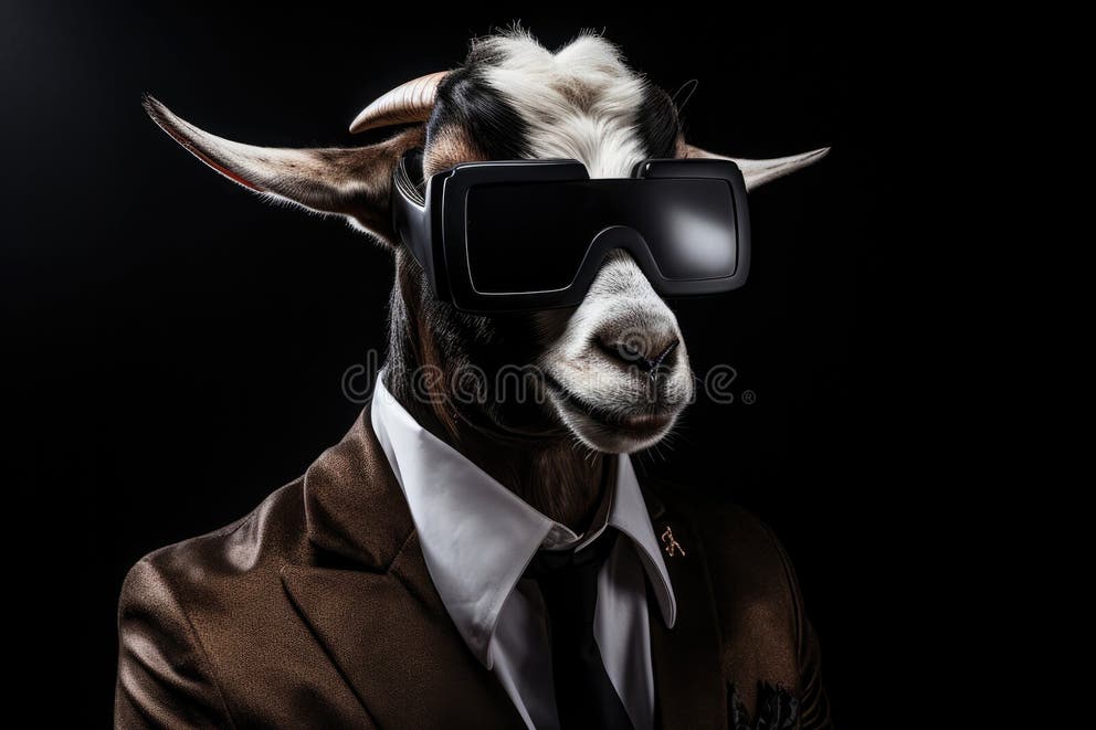 Goat in Suit and Virtual Reality on Black Background Stock Illustration ...