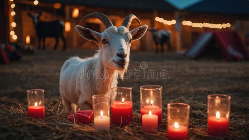 Adorable Young Goat Amidst Burning Candles at Night Stock Illustration ...