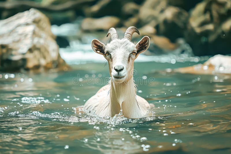 Goat is Swimming in a River Stock Image - Image of water, grass: 372603841