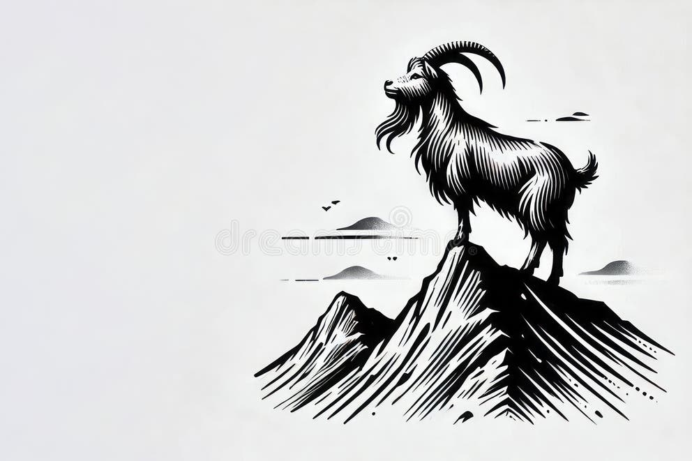 Goat on Top of a Mountain in Graphic Style. Space for Text. Stock ...