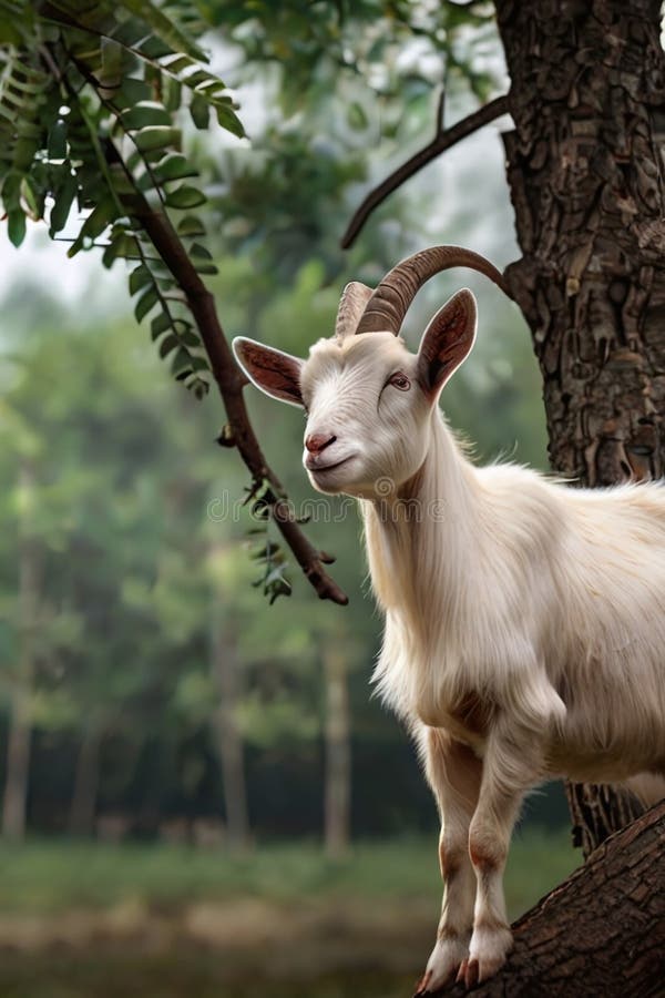 Young White Domestic Goat with Long Horns Climbed a Tree and Looks from ...