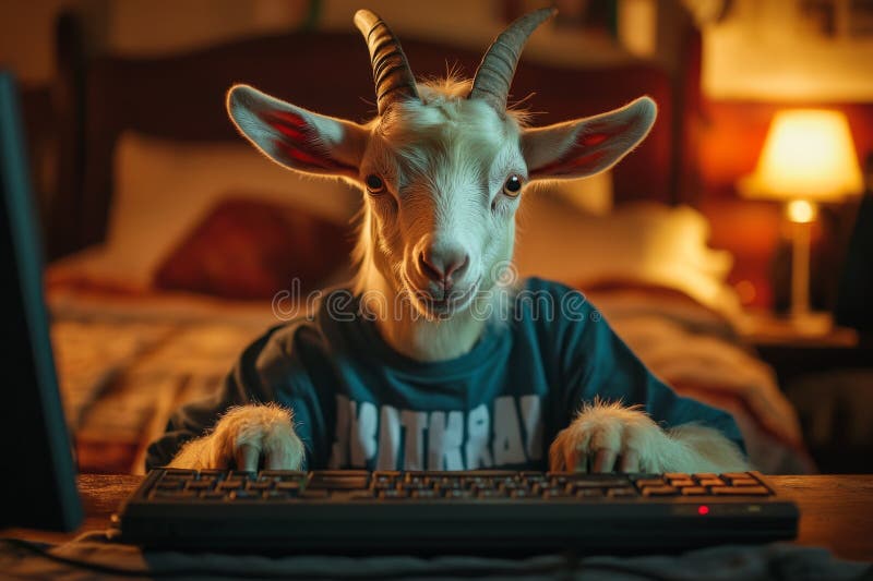 Goat Wearing Clothes Working from Home at Night Using Computer Keyboard ...
