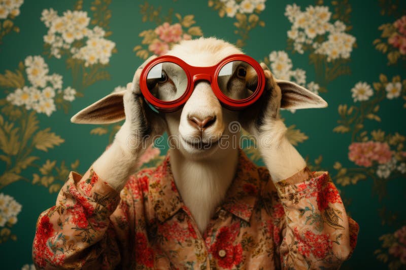 A Goat Wearing Glasses and a Floral Patterned Shirt, AI Stock ...
