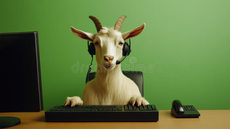 Goat Working at Computer with Headset in Office Setting Stock ...
