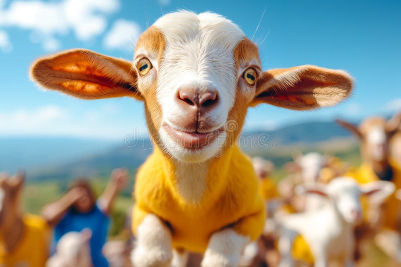 A Group of Goats Standing on Top of a Grass Covered Field Stock Photo ...
