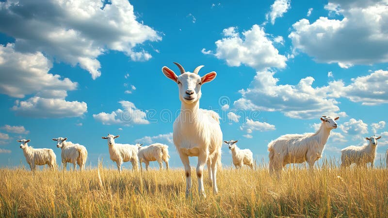 Goats in a Field with Clouds in a Blue Sky. this is AI Generative Image ...