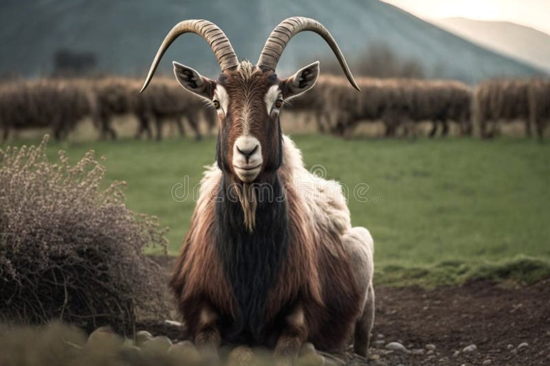 Goats with Horns Stands on a Path. Stock Image - Image of horned, horn ...