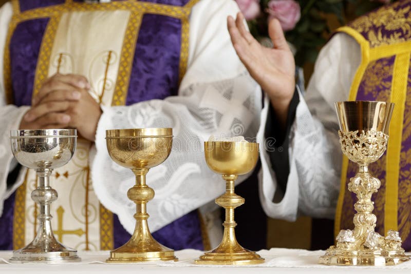 Goblet and Ambula at the Altar, Prayer and Blessing during Mass Stock ...