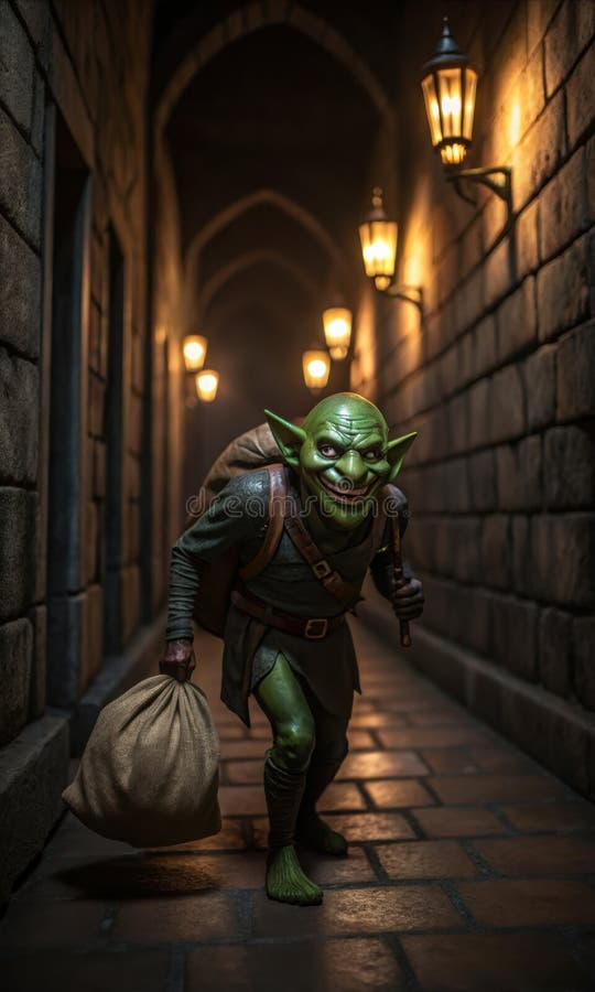 Goblin Thief Sneaking through Medieval Castle Corridor, Illuminated by ...