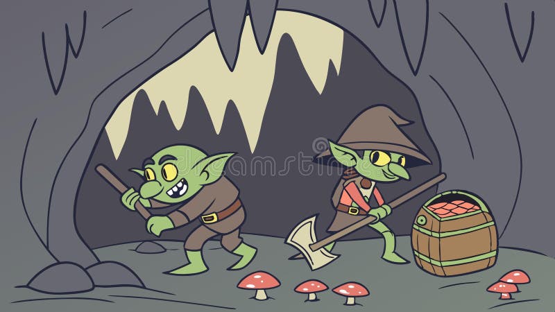 Goblins in Cave, Fantasy Creatures and Underground Lair Vector Design ...
