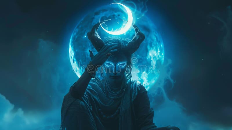 A God of the Night Depicted with a Neon Moon Floating Above Their Head ...