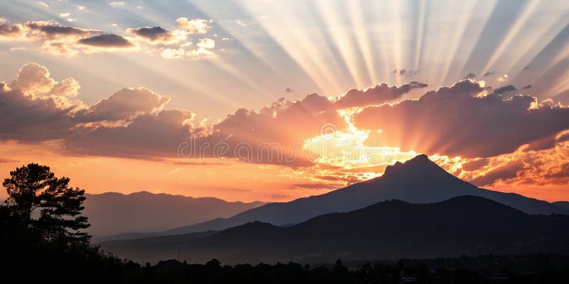 God Rays during Sunset Over Mountain Silhouette Stock Illustration ...
