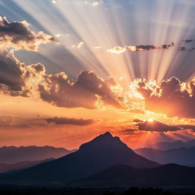 God Rays during Sunset Over Mountain Silhouette Stock Illustration ...