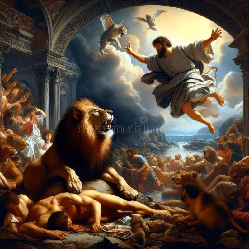 Daniel in lions den stock illustration. Illustration of painting ...
