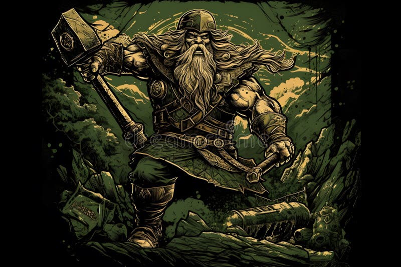 God Thor Holds the Hammer Mjelnir, a Warrior with a Sword, Thunder and ... God Thor Holds the Hammer Mjelnir, a Warrior with a Sword, Thunder and ...