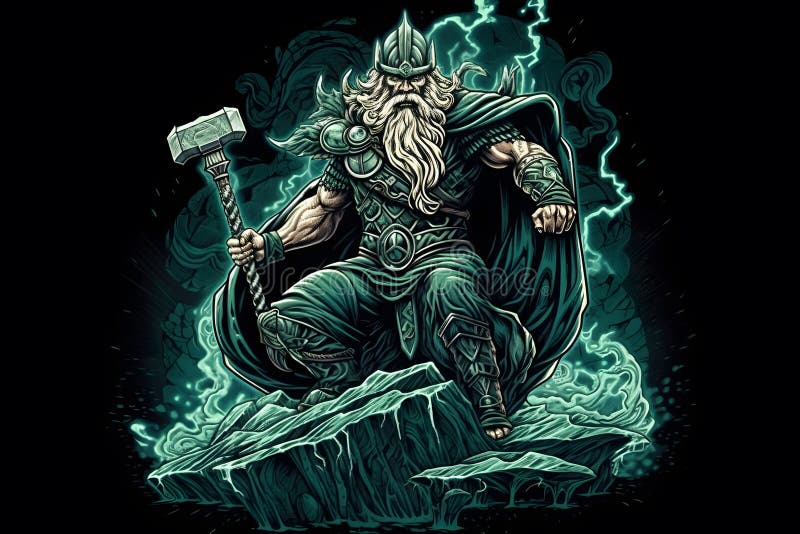 God Thor Holds the Hammer Mjelnir, a Warrior with a Sword, Thunder and ...