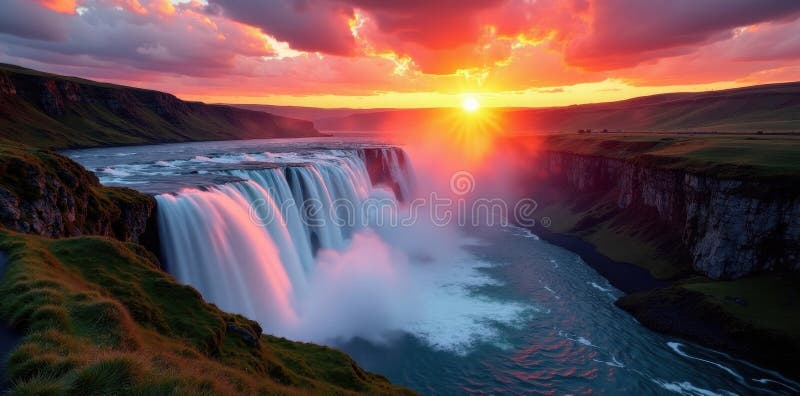Godafoss Cascade, Fiery Sunset Sky, Summer Cliff Edge , Waterfall, Red ...