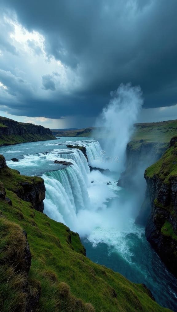 Godafoss Waterfall Thunders Beneath Brooding Storm Clouds , Thunder ...