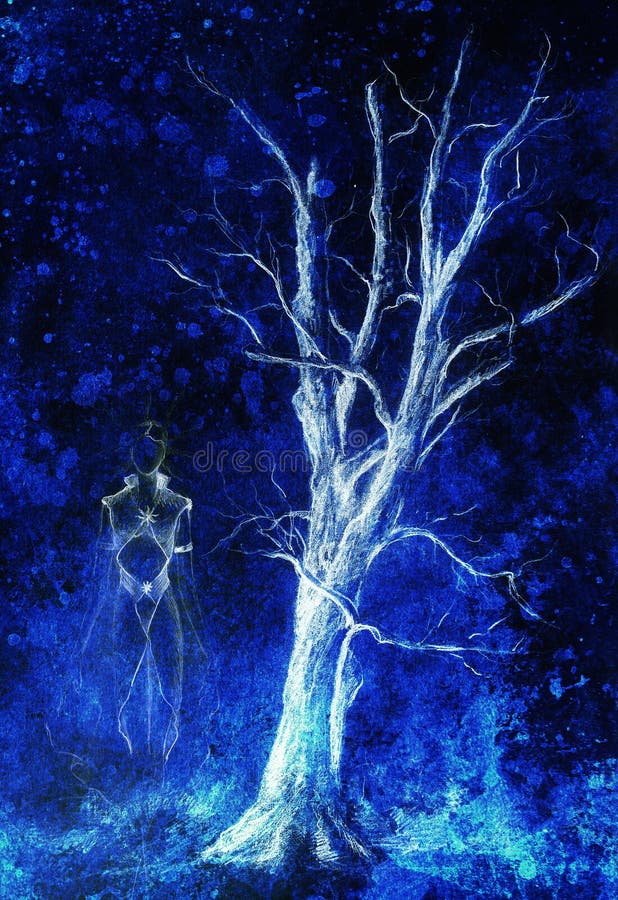 Goddess Woman at the Tree and Color Abstract Background. Computer ...