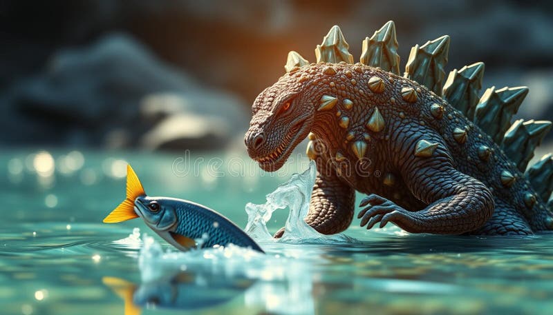 Godzilla-like Creature Chasing Fish in Water Illustration Concept Stock ...