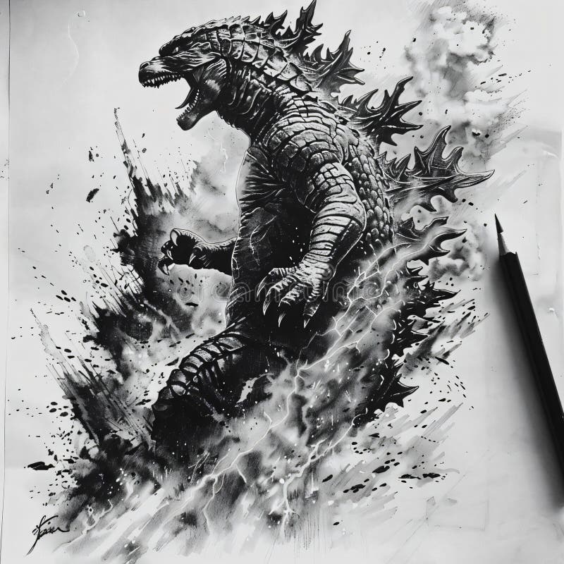 Godzilla Pencil Drawing: Intense Action Stock Photo - Image of wildlife ...