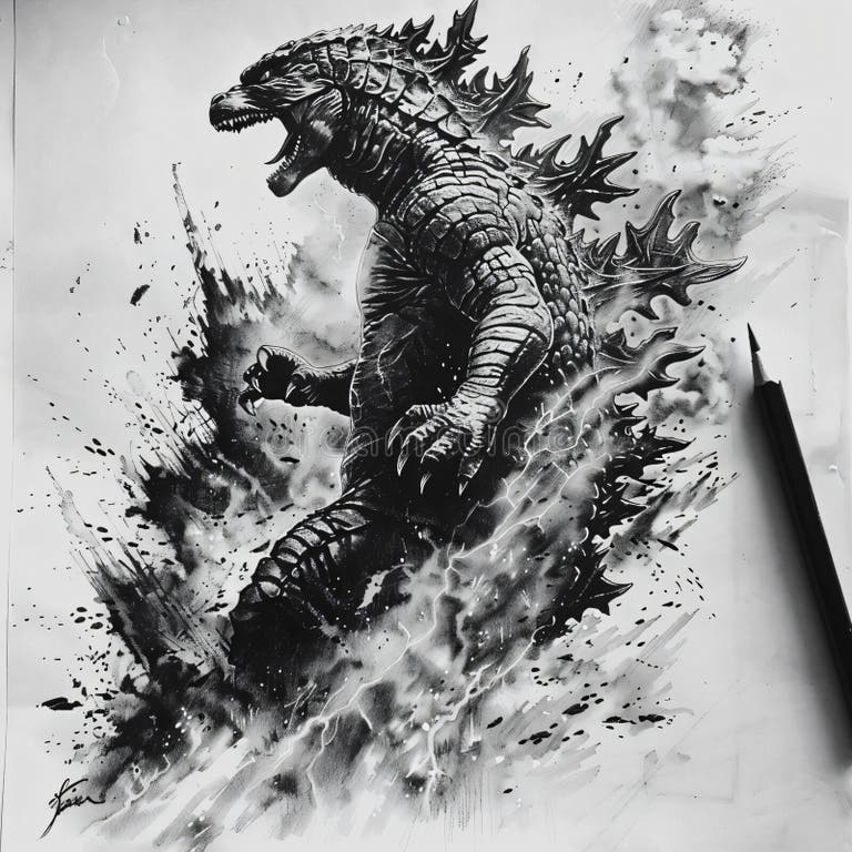 Godzilla Pencil Drawing: Intense Action Stock Photo - Image of wildlife ...