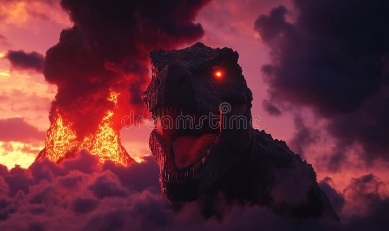 Godzilla Roaring in Front of Erupting Volcano at Sunset with Dramatic ...
