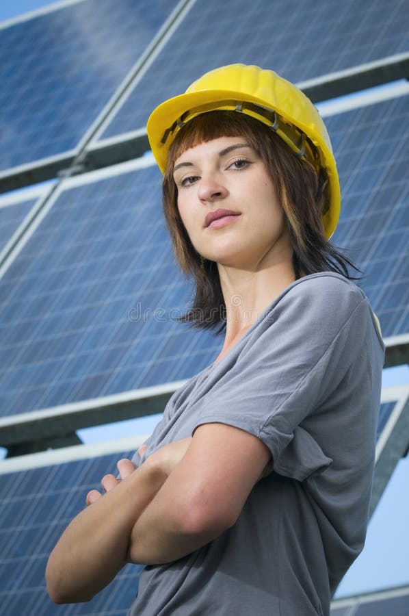 Woman and solar panels stock photo. Image of gray, photovoltaic - 23762524