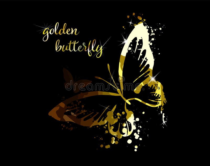 Gold Abstract Butterfly on Black Background with Reflection. Vector ...