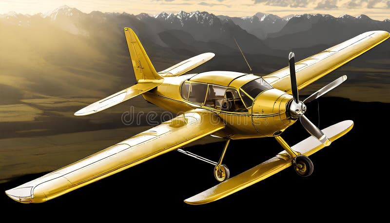 A Gold Airplane is Flying Over a Mountain Range Stock Illustration ...