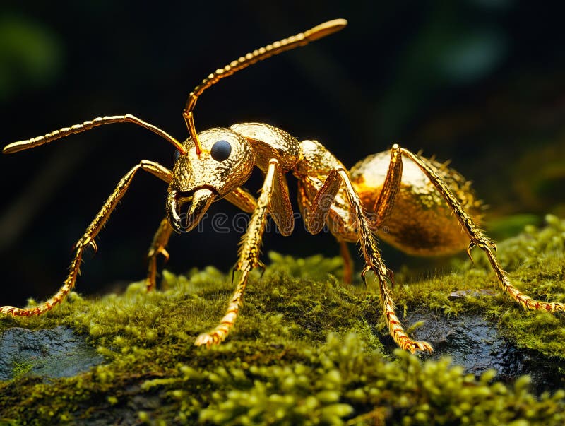 A Gold Ant on a Moss Covered Rock Stock Image - Image of moss, closeup ...