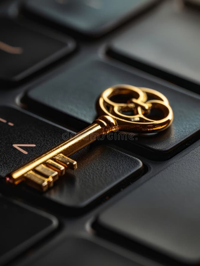 Gold Antique Key on a Laptop Keyboard, Symbolizing Security. Stock ...