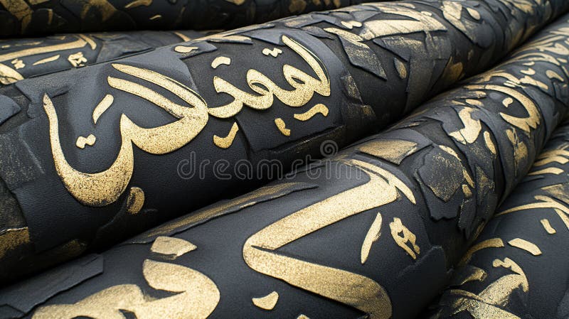 Gold Arabic Calligraphy on Black Fabric Rolls, Close-up Stock Image ...