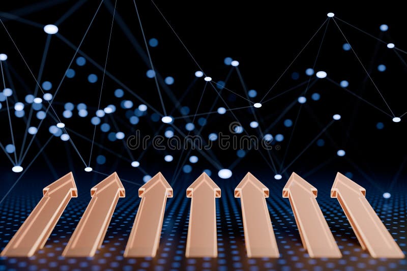 Gold Arrows Pointing Upwards with a Digital Network Background. Stock ...
