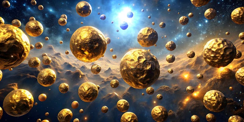 Gold Asteroids Floating in Surreal Cosmic Setting Stock Illustration ...