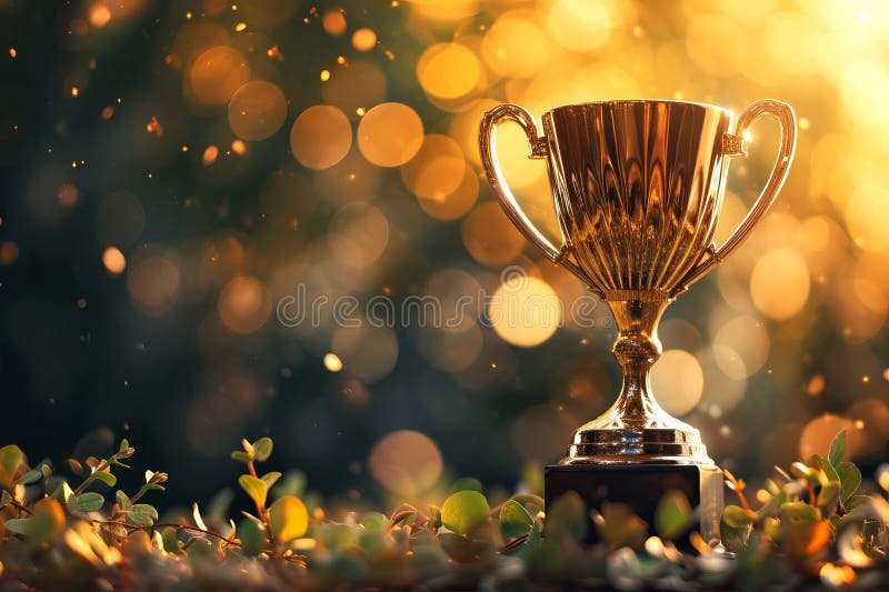 Gold Award Trophy Standing on Foliage, Focus on the Reflective Surface ...