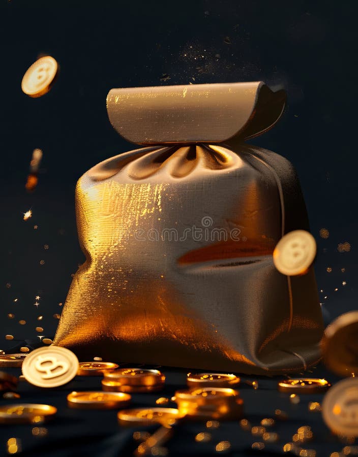 A Gold Bag with Coins Falling Out of it Stock Photo - Image of package ...