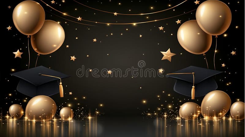 Gold Balloons and Graduation Caps Against a Black Background Stock ...