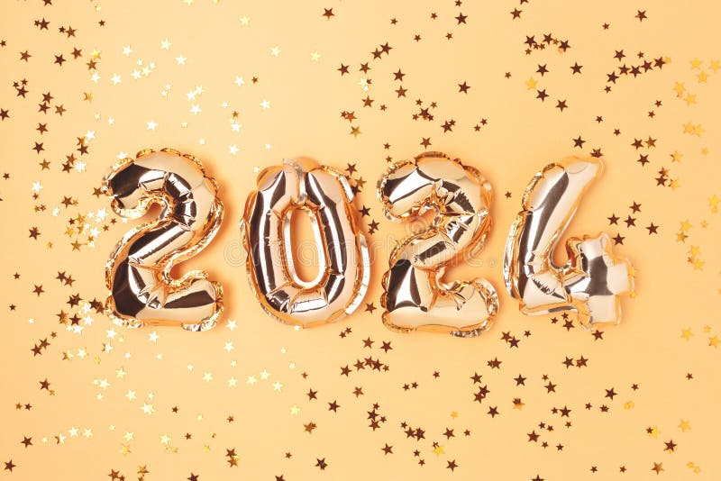 2024 Gold Balloons and Stars Confetti. Monochrome Composition. Stock ...