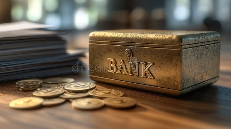 Gold Bank Box, Coins, Documents, Office Stock Illustration ...