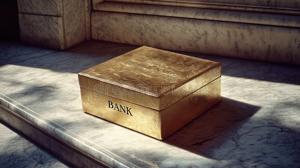 Gold Bank Box Sits on Marble Steps, Sunlight Stock Illustration ...