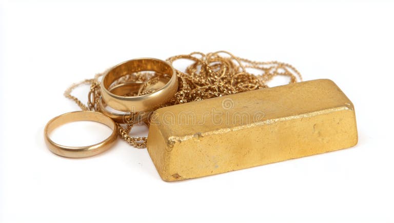 Gold Bar, Chains, and Rings on White Background Stock Illustration ...