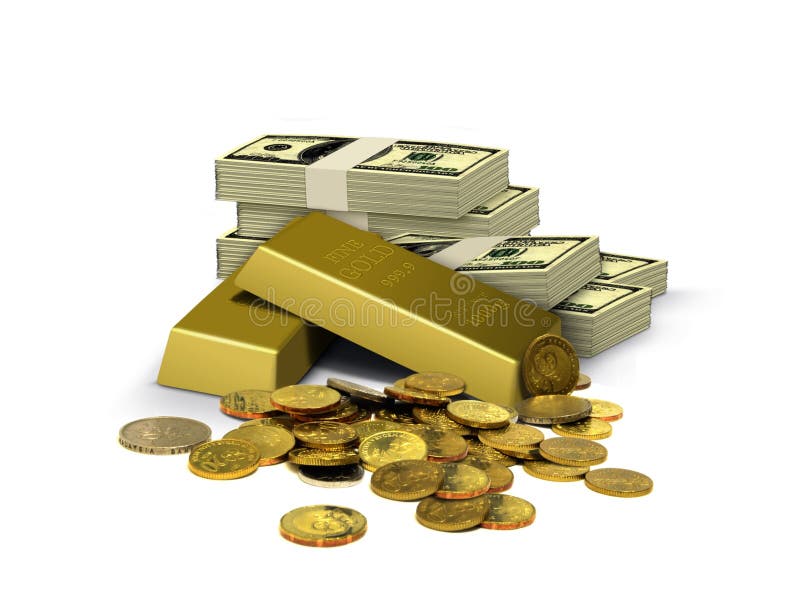 Gold Bar with Currency Notes and Coins Stock Image - Image of dollar ...