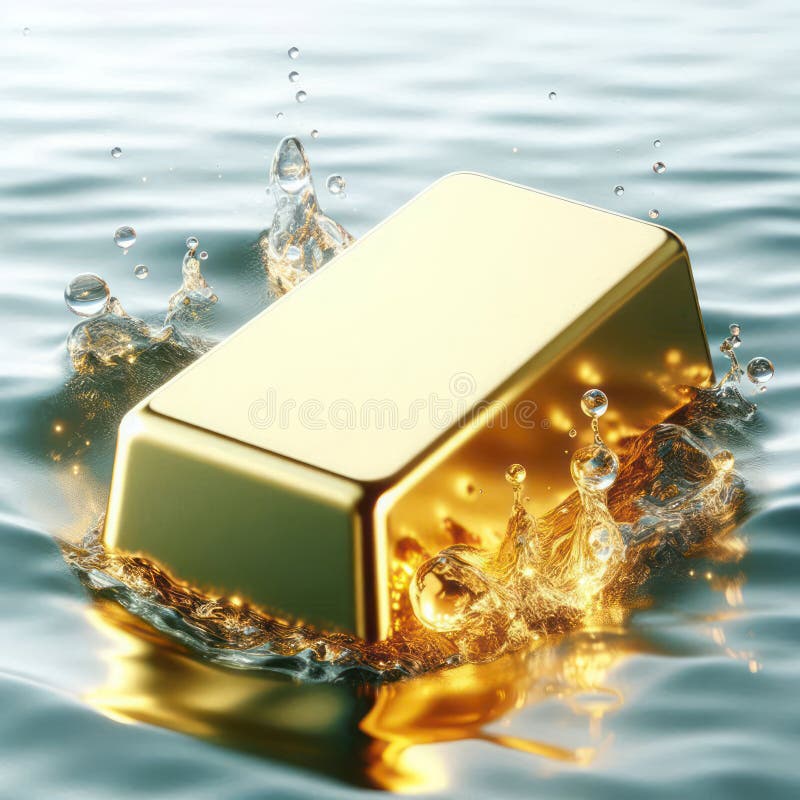 A Gold Bar Floats Out of the Water with Splashes. Stock Image - Image ...