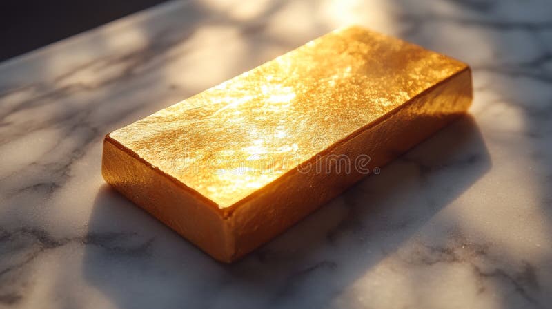 Gold Bar Shining Under Sunlight on a Marble Surface, Highlighting Its ...