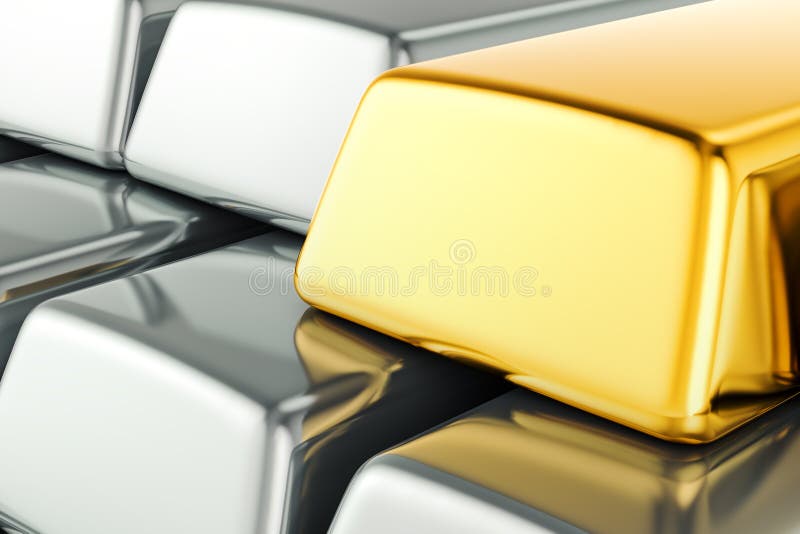 Gold Bar and Silver or Platinum Ingots, 3D Rendering Stock Illustration ...