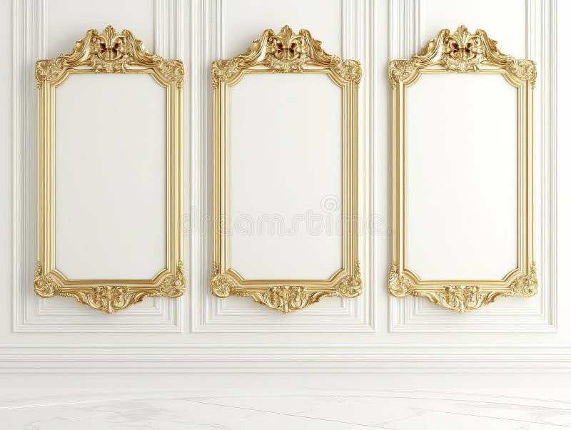 Gold Baroque Frames Triptych, White Wall Stock Illustration ...